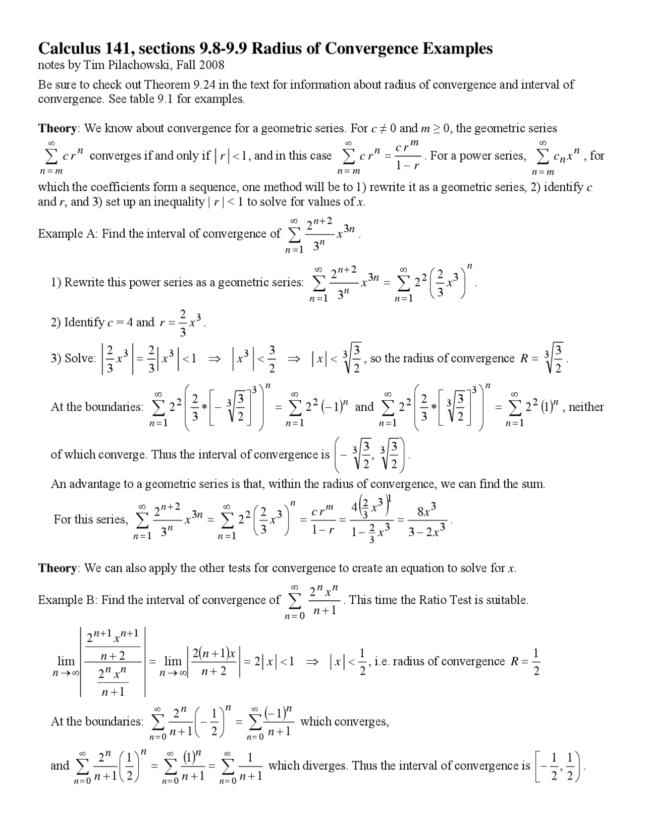 Radius Of Convergence Practice Calculus Ii Math 141 Docsity