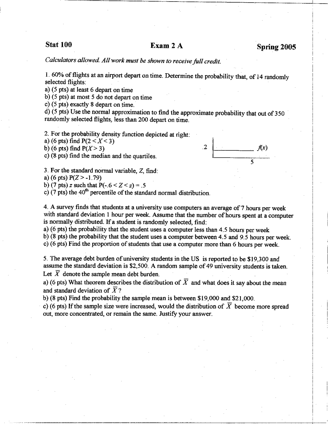 Elementary Statistics and Probability - Sample Exam 2A | STAT 100 - Docsity