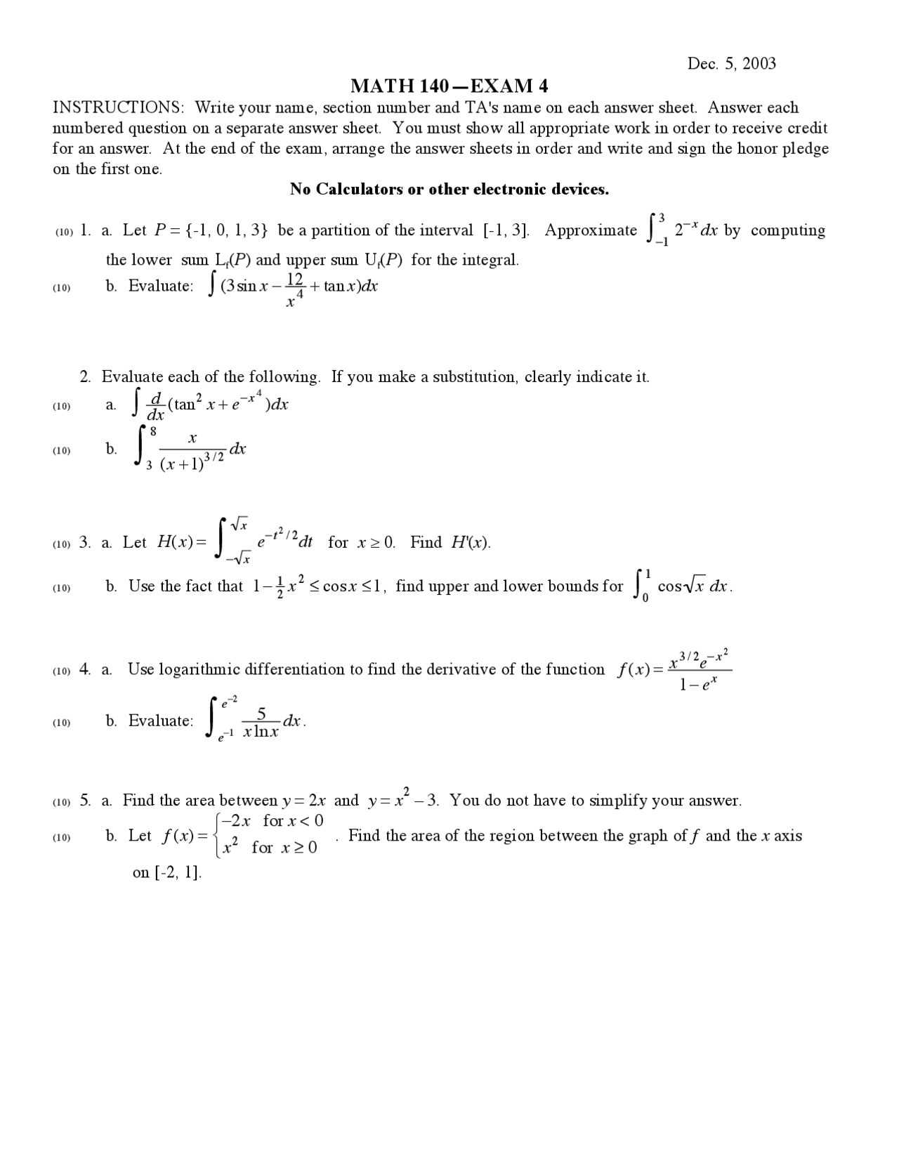 Exam 4 Sample Questions Calculus I Math 140 Docsity