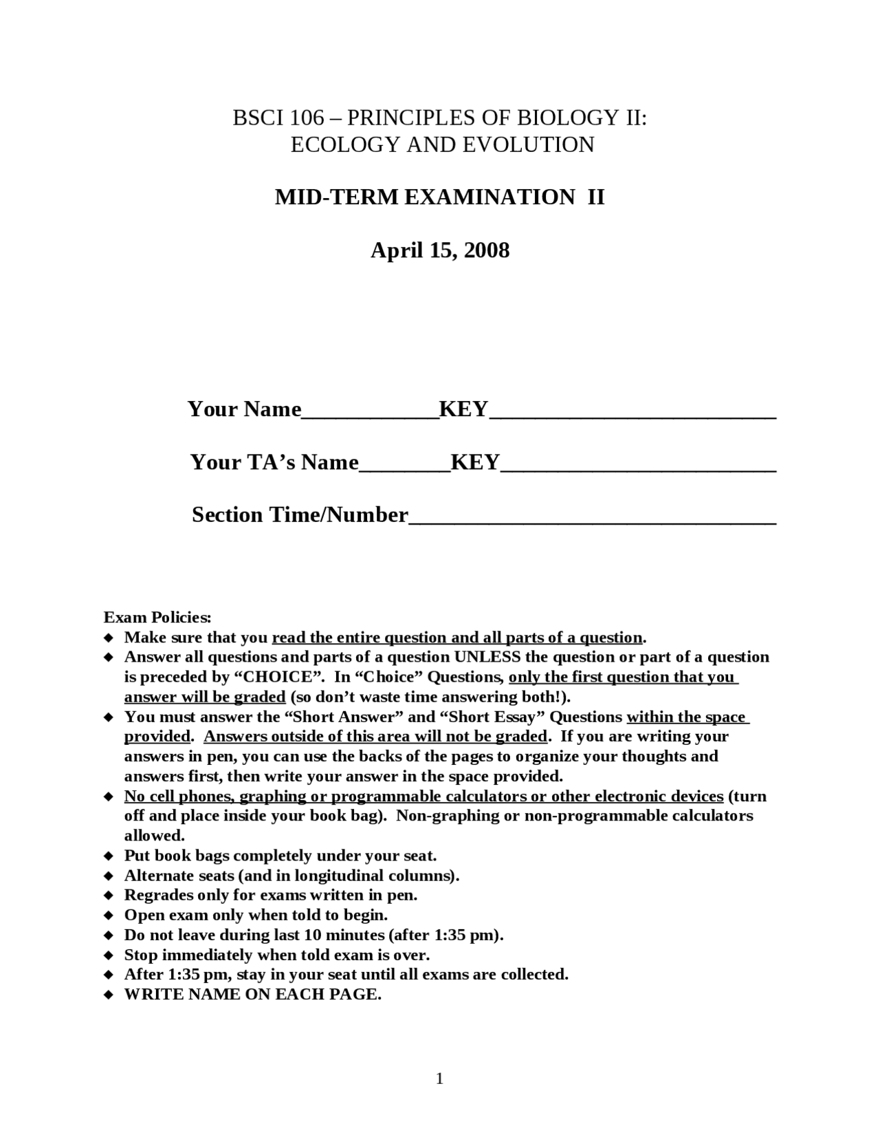 Midterm Exam 2 Sample Questions With Solutions Principle Of Biology I