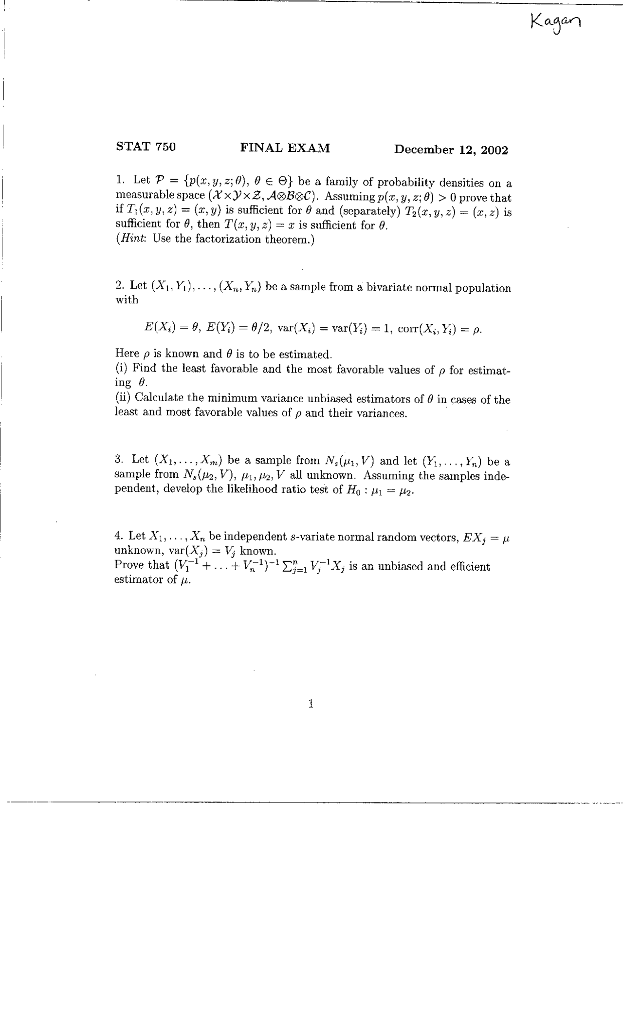 Final Exam Multivariate Analysis Stat 750 Docsity