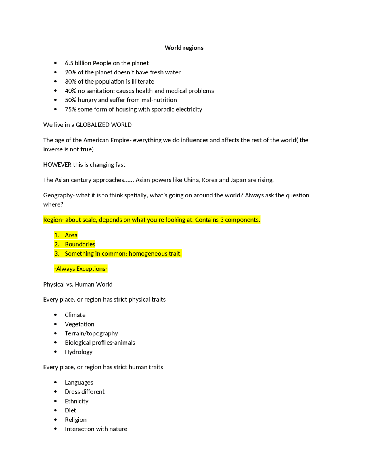 Globalized World Region World Regions Notes Geog 1014 Docsity