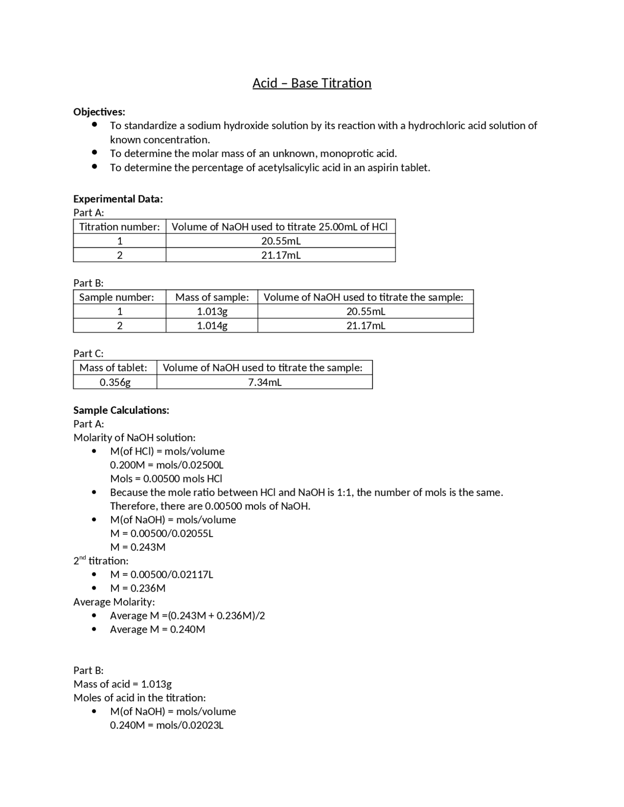 Acid-Base Titrations - Lab Experiments and Results - General Chemistry ...