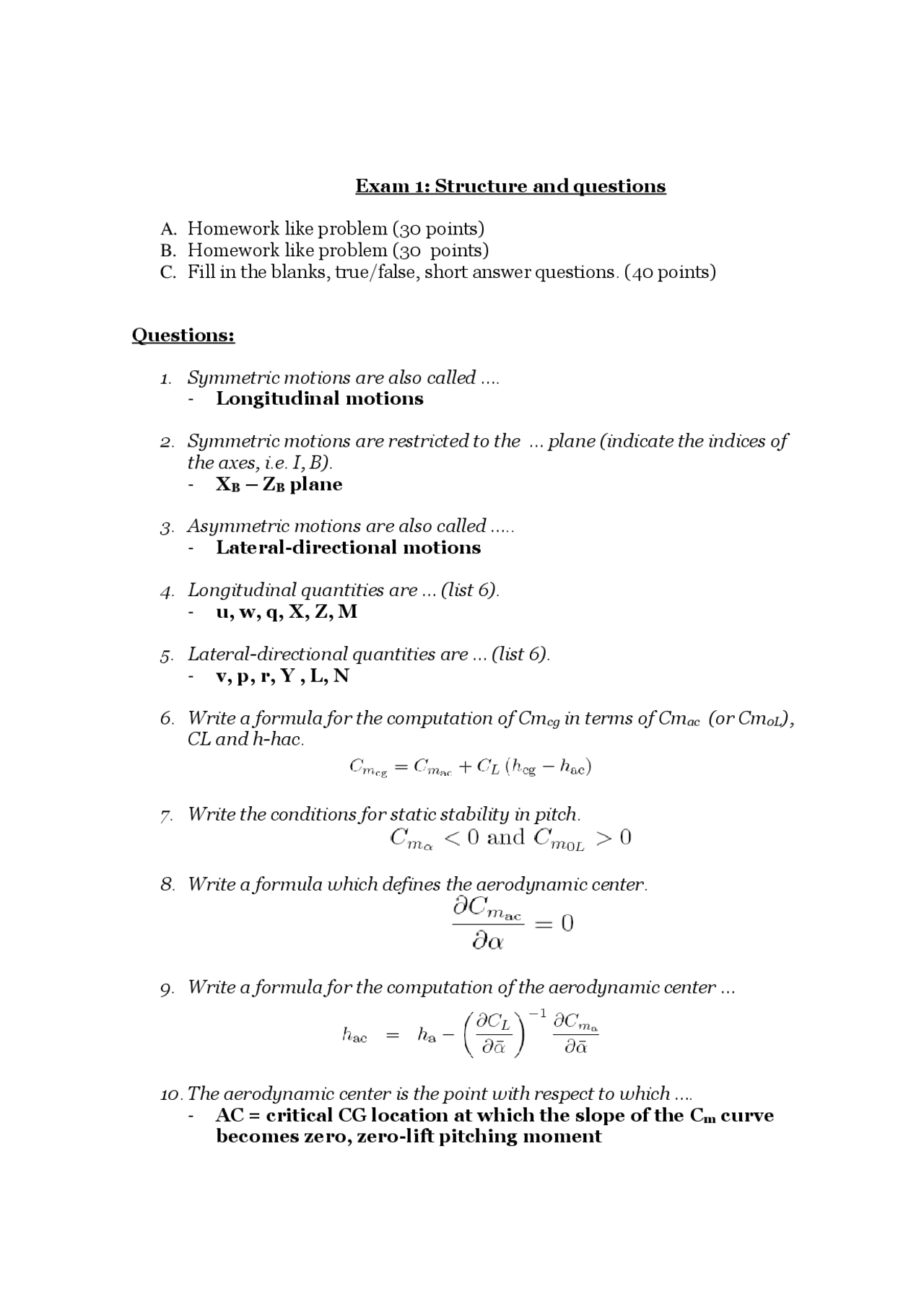 Exam 1 Solved Questions - Stability and Control | AOE 3134 - Docsity