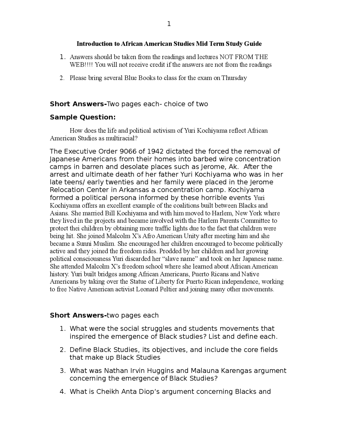 Midterm Exam Study Guide - Introduction African American Studies | AFST ...