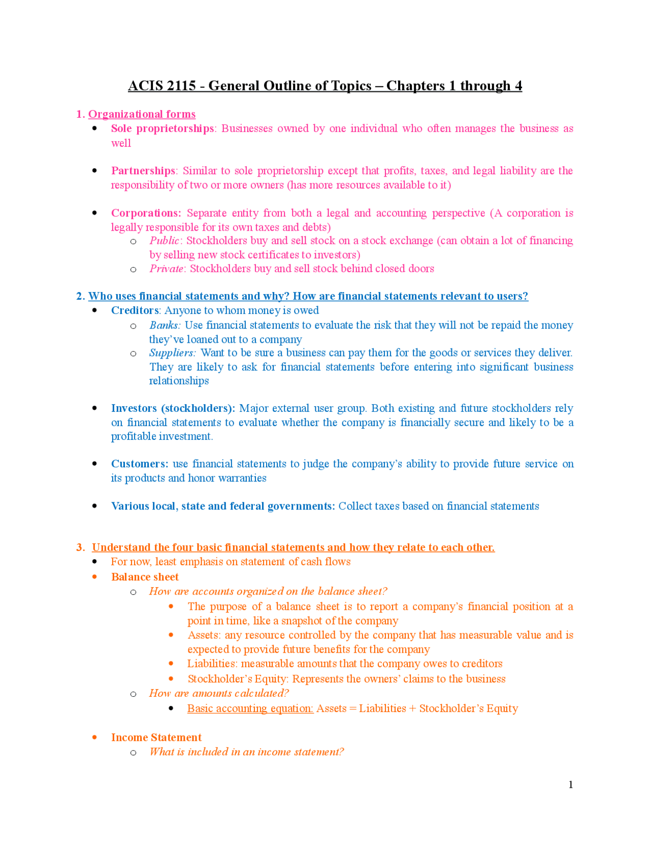 Outline For Principles Of Accounting Acis 2115 Docsity
