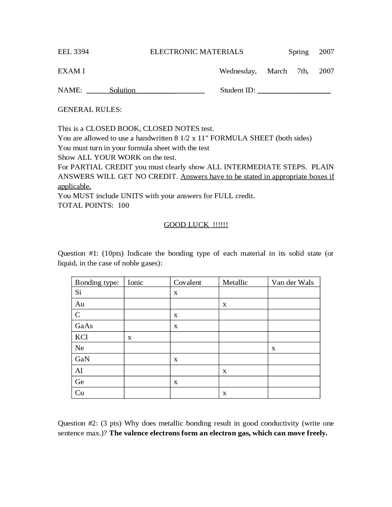 Exam Questions for EEL 3394: Electronic Materials, Spring 2007 - Prof. Rudiger Schlaf | Exams ...