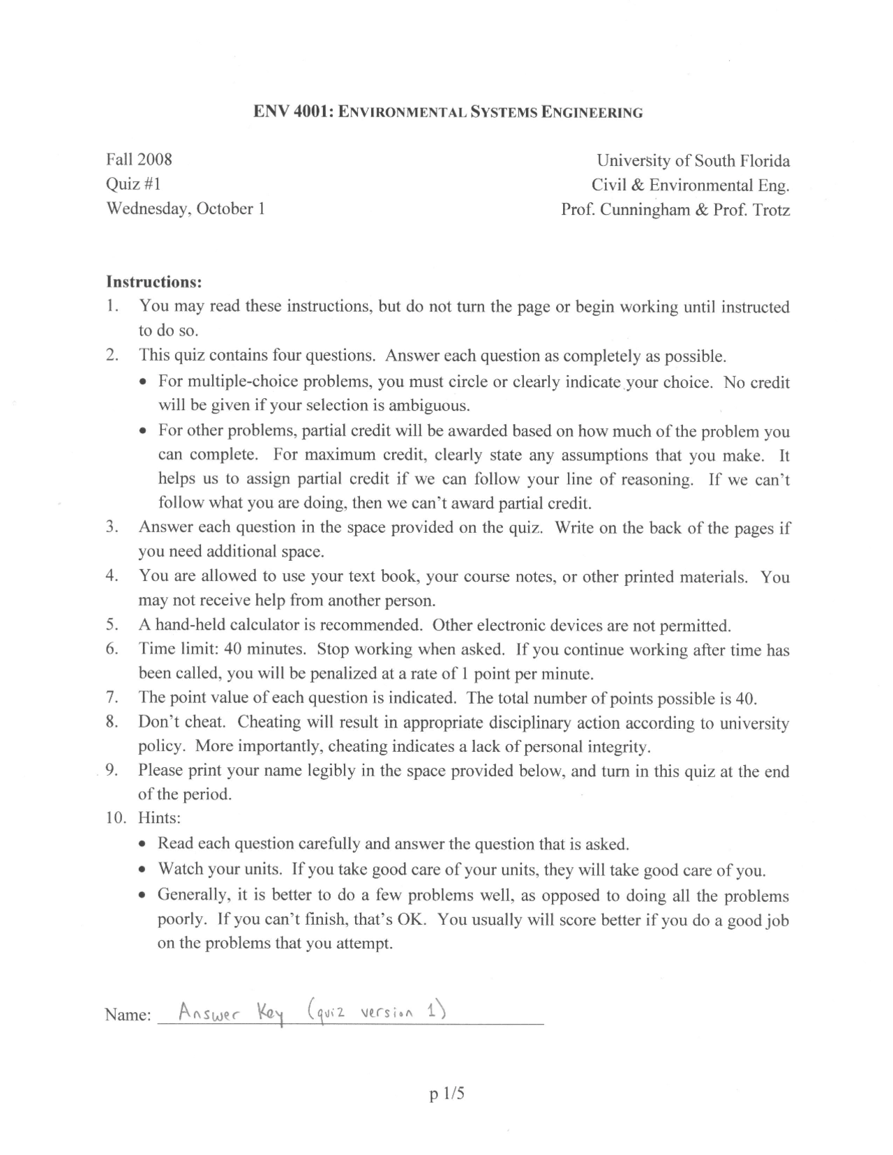 Quiz 1 With Answers Environmental Systems Engineering Env 4001