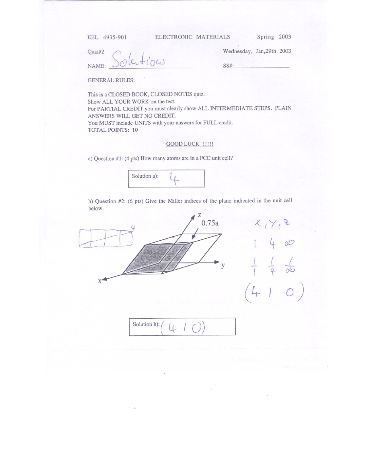 Quiz 2 Solution Fall 2003 Electronic Materials Sustainable Energy