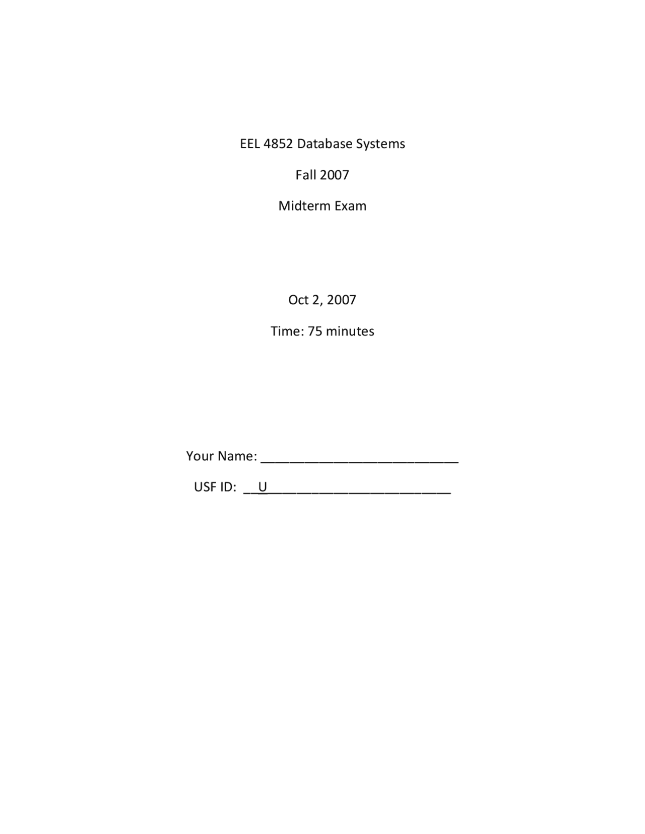 Practice Problems For Midterm Exam Database Systems Eel 4852c Docsity