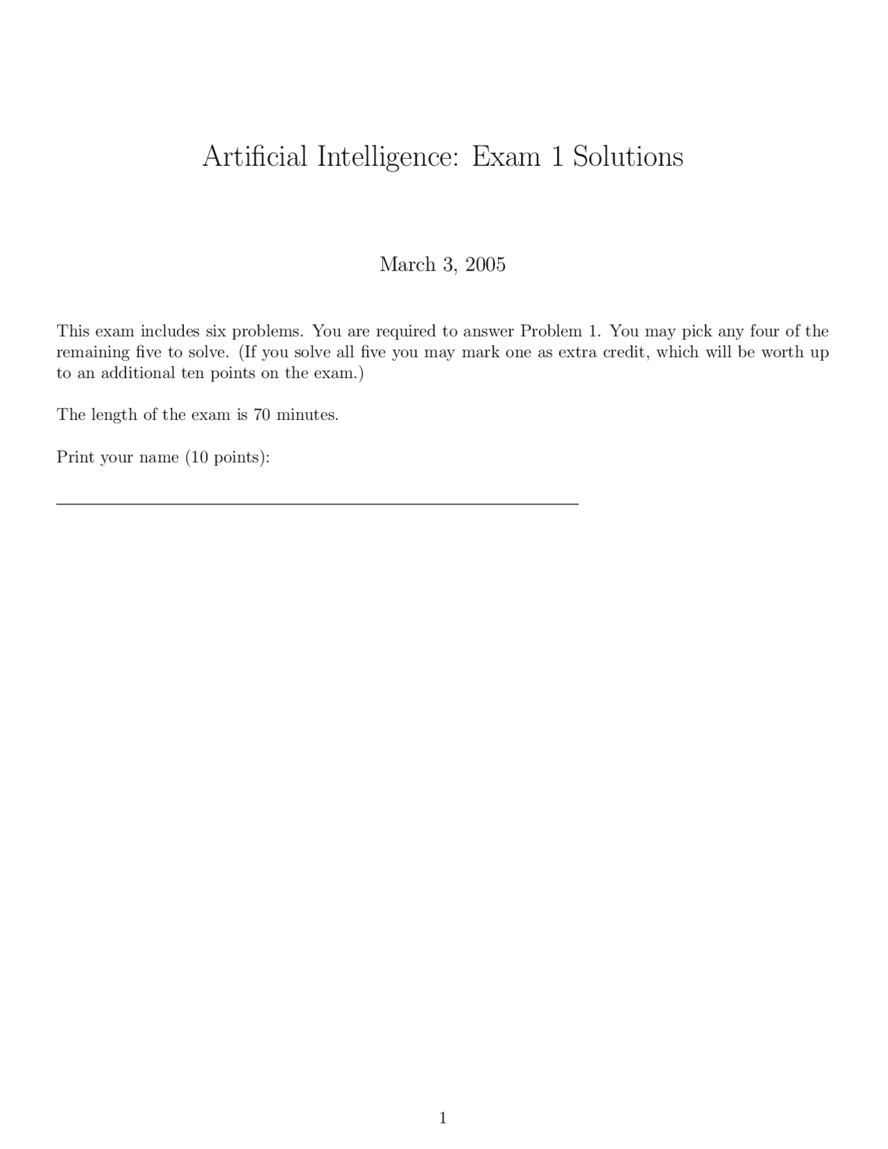 Artificial Intelligence Exam 1 Solutions Introduction To Robotics