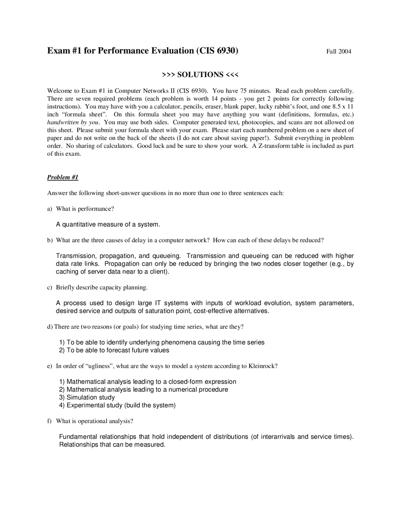 Solved Exam 1 for Performance Evaluation | CIS 6930 - Docsity