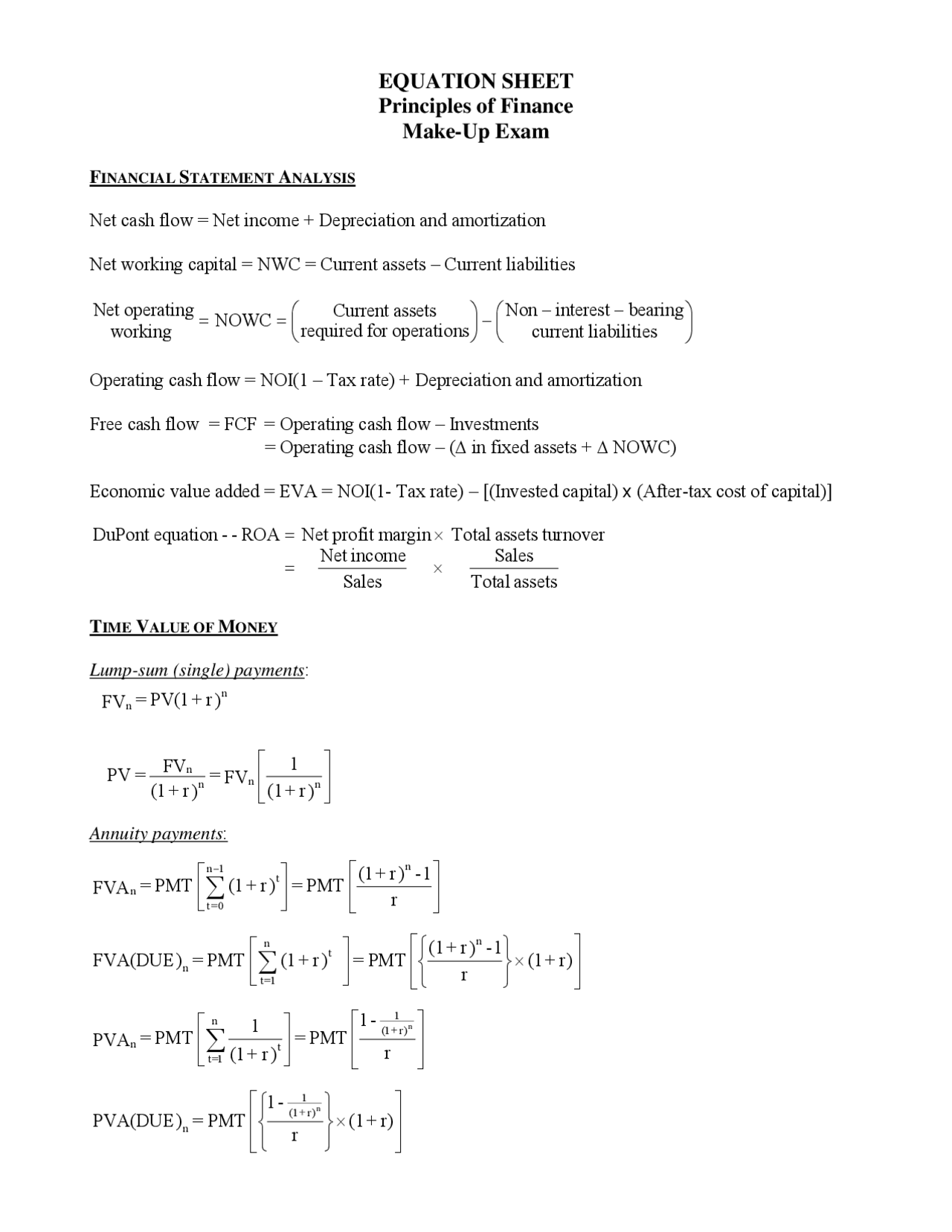 Make-Up Exam Formula Sheet - Principles of Finance | FIN 3403 - Docsity