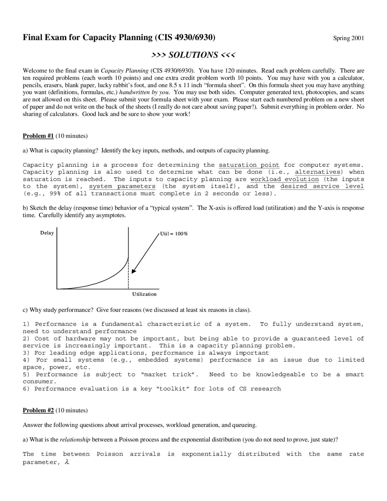 Final Exam For Capacity Planning Solved Problems Cis 4930 Docsity