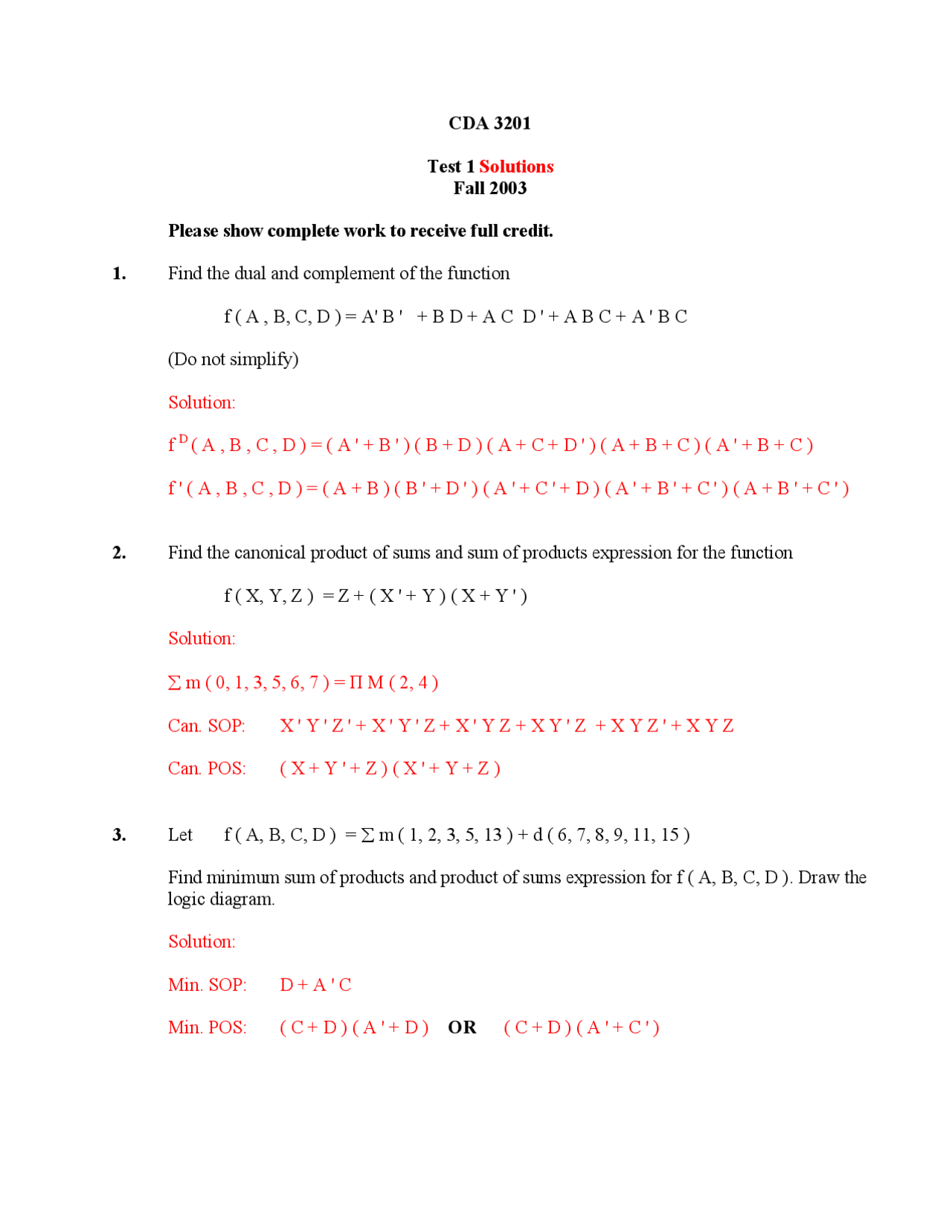 Test 1 Questions With Solution Computer Logic Design Cda 3201