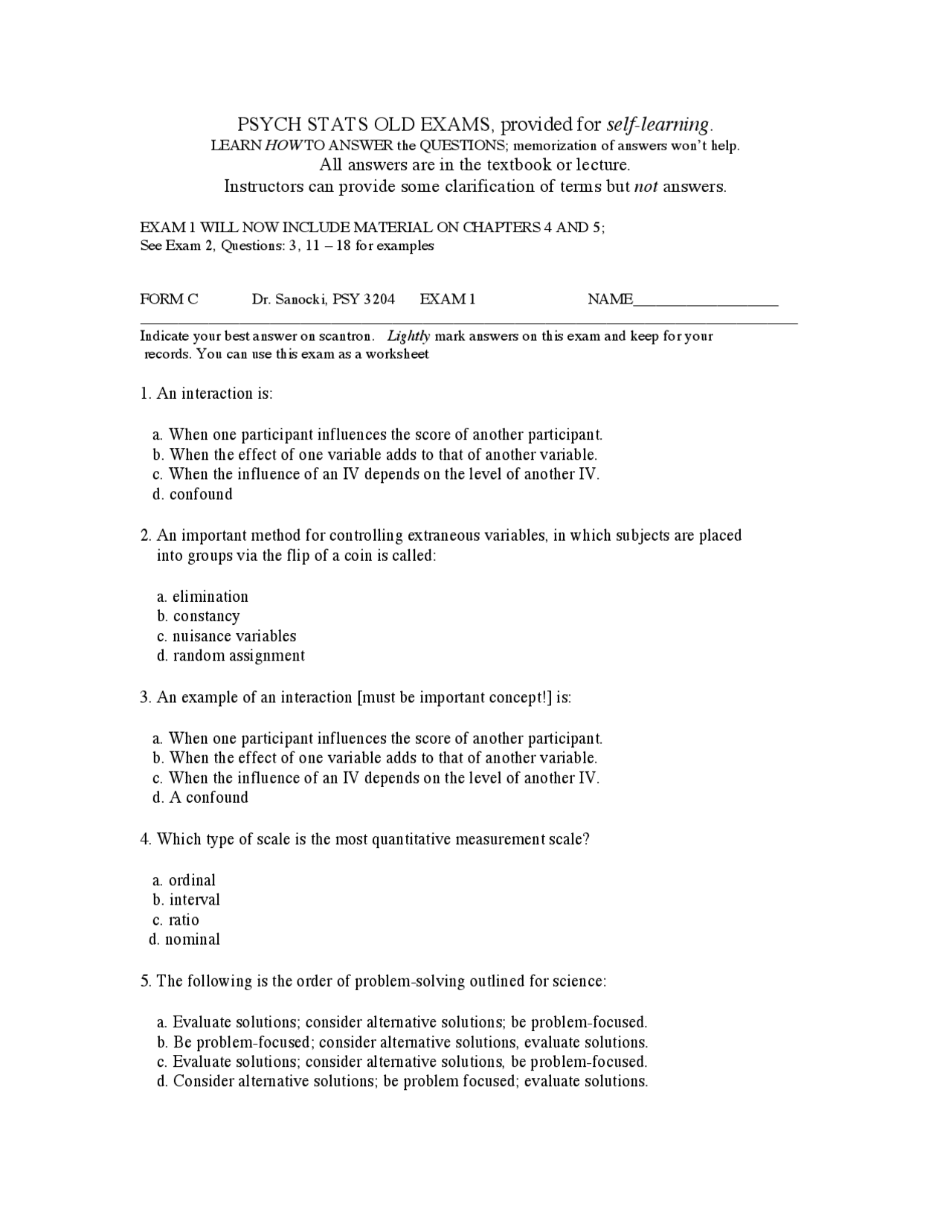 Psychological Statistics - Old Sample Exam | PSY 3204 | Exams ...