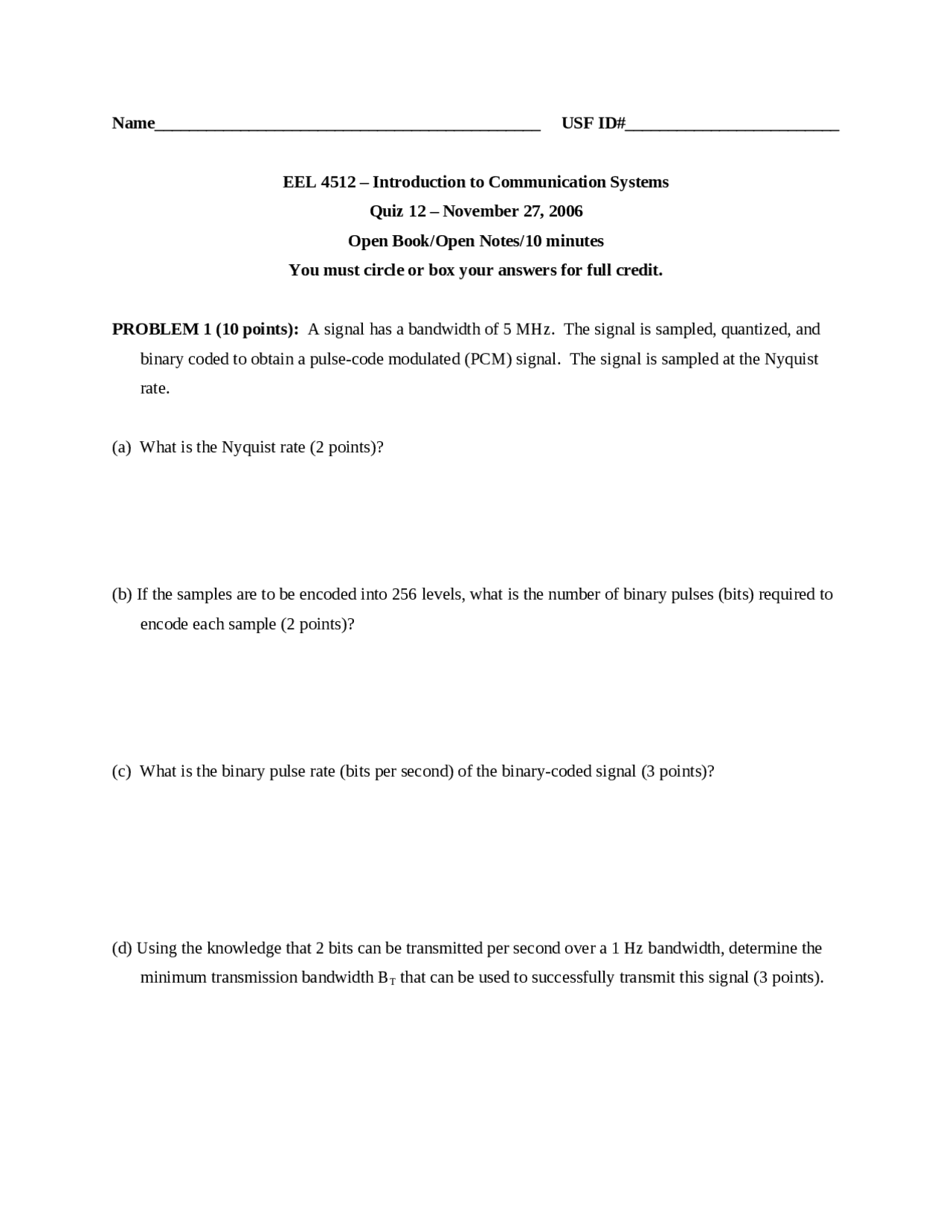 Nyquist Rate and Binary Pulses - Introduction to Communication Systems | EEL 4512C - Docsity