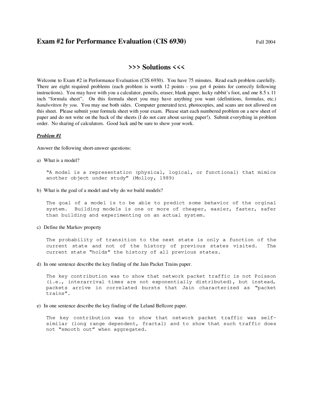 Performance Evaluation Exam Solutions (CIS 6930, Fall 2004) | Exams Computer Science | Docsity