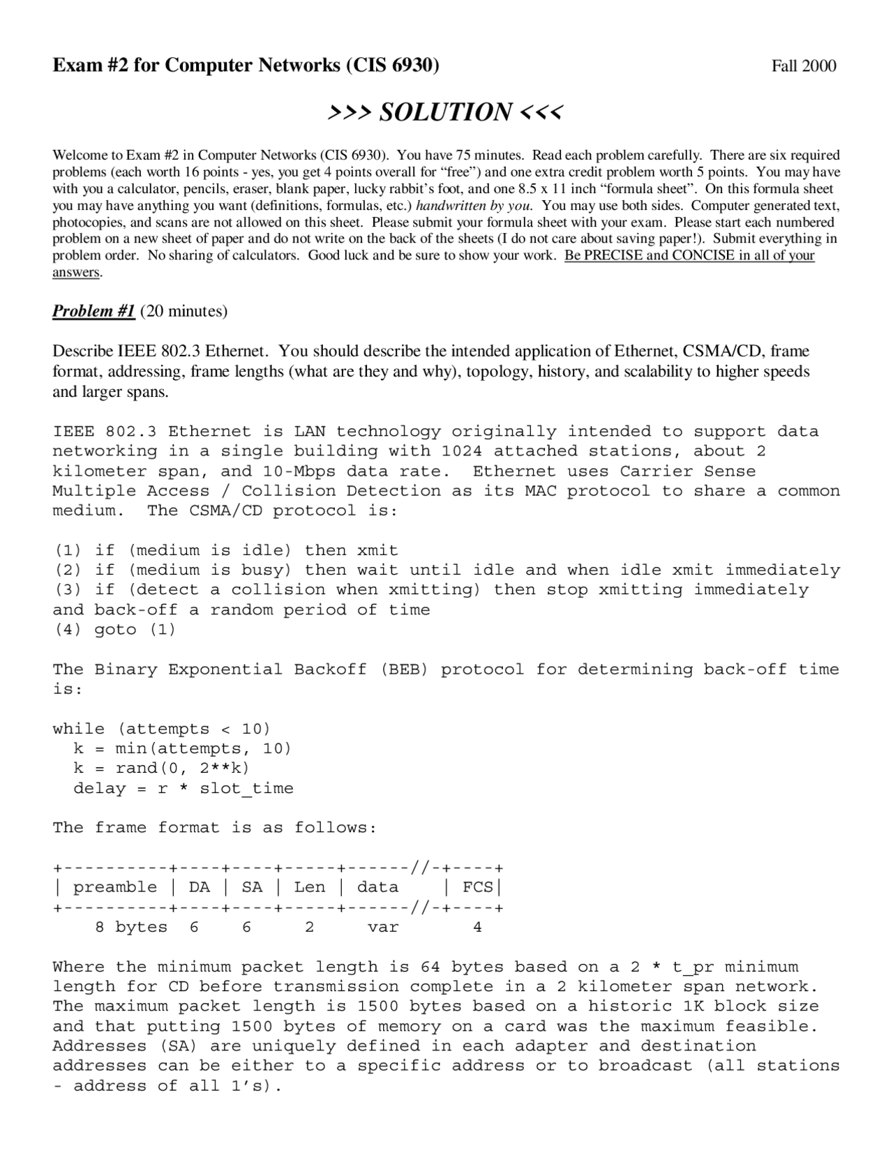 Exam 2 Problems With Solutions Computer Networks Cis 6930 Docsity