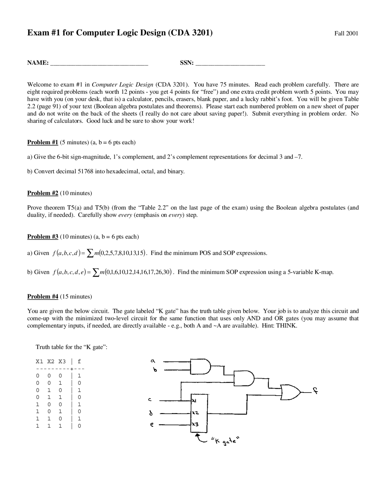Exam 1 For Computer Logic Design Cda 3201 Exams Electrical And