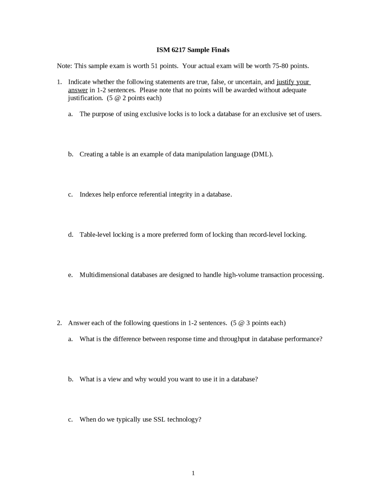 Sample Finals For Database Administration Ism 6217 Docsity