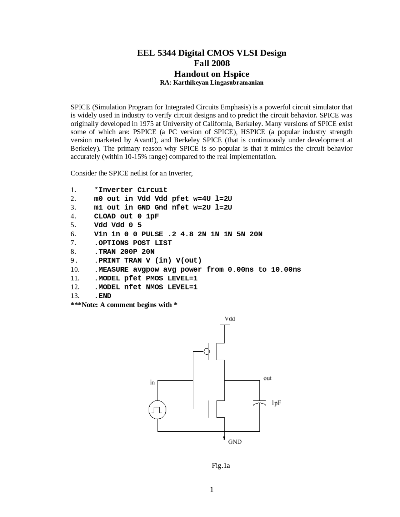 Handout on Hspice | Digital CMOS VLSI Design | EEL 5344C - Docsity