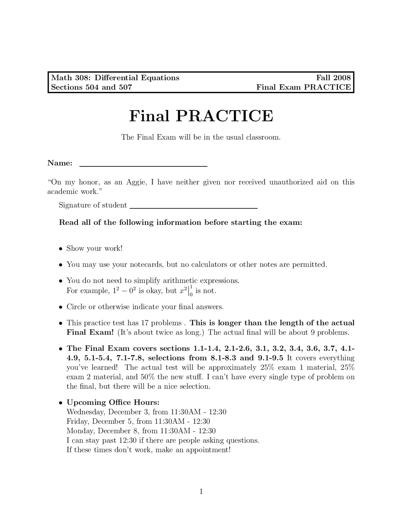 Math 308: Differential Equations Fall 2008 Final Exam Practice - Prof. M. Pivarski | Exams ...