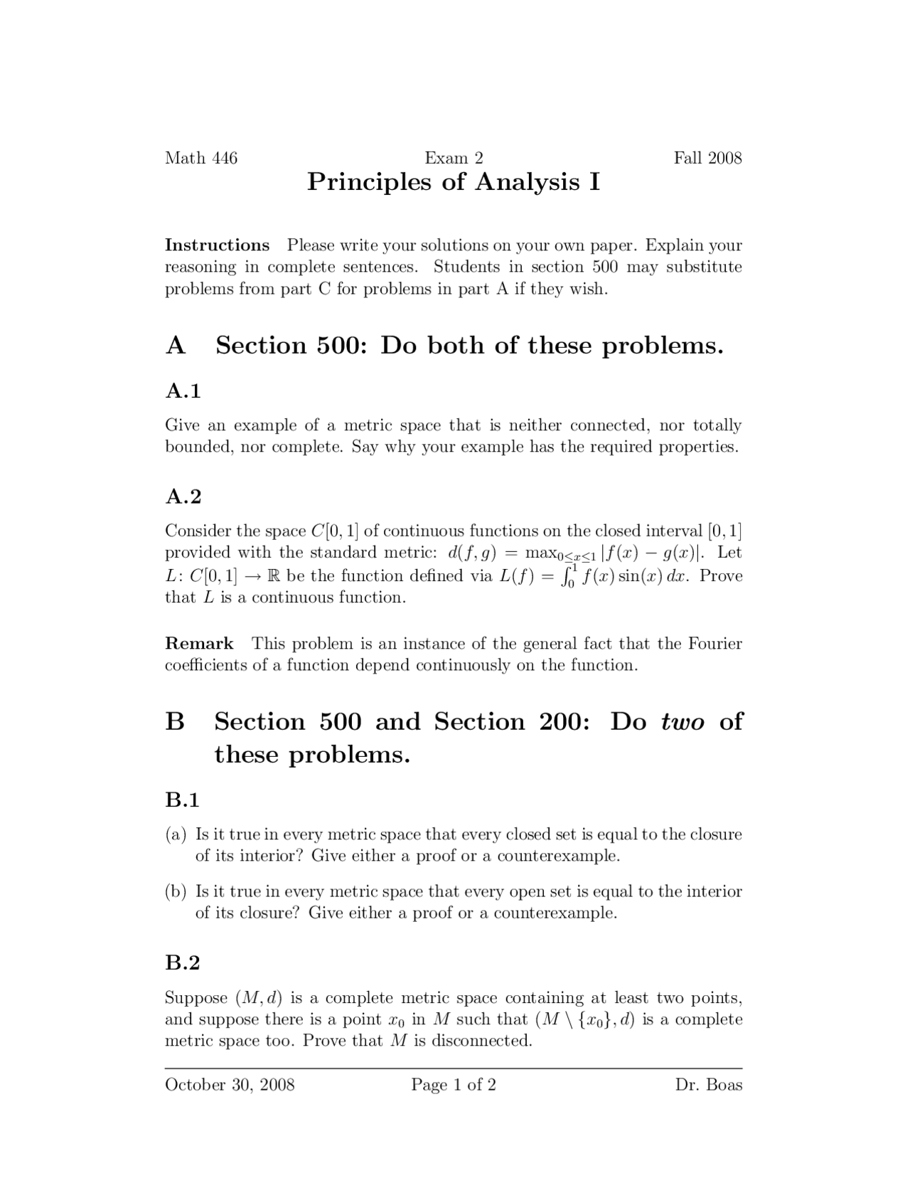 Principles Of Analysis 1 Exam 2 Math 446 Docsity