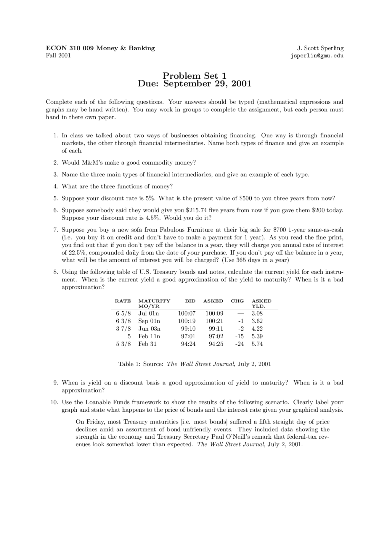 10 Questions On Money And Banking Problem Set 1 Econ 310 Docsity