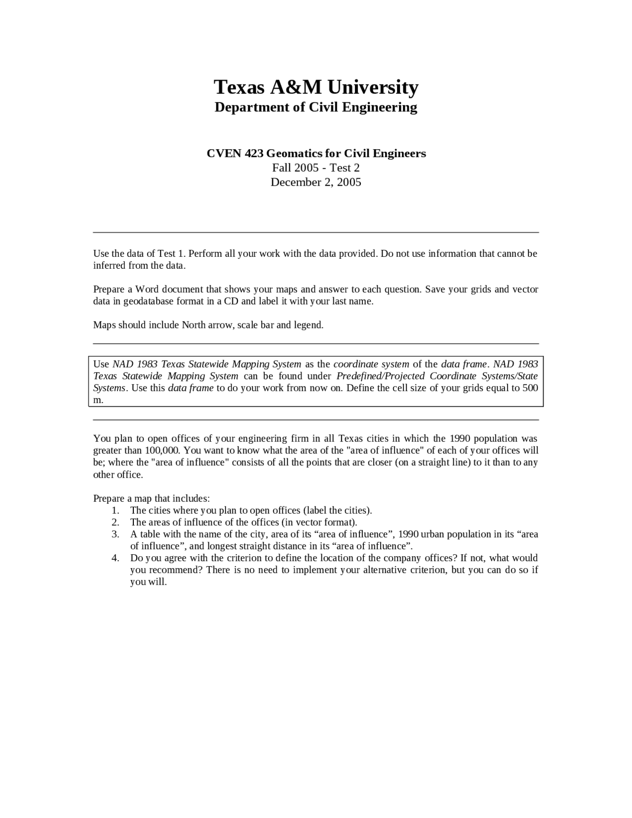 Geomatics For Civil Engineering Exam 2 Fall 2005 Cven 423 Docsity