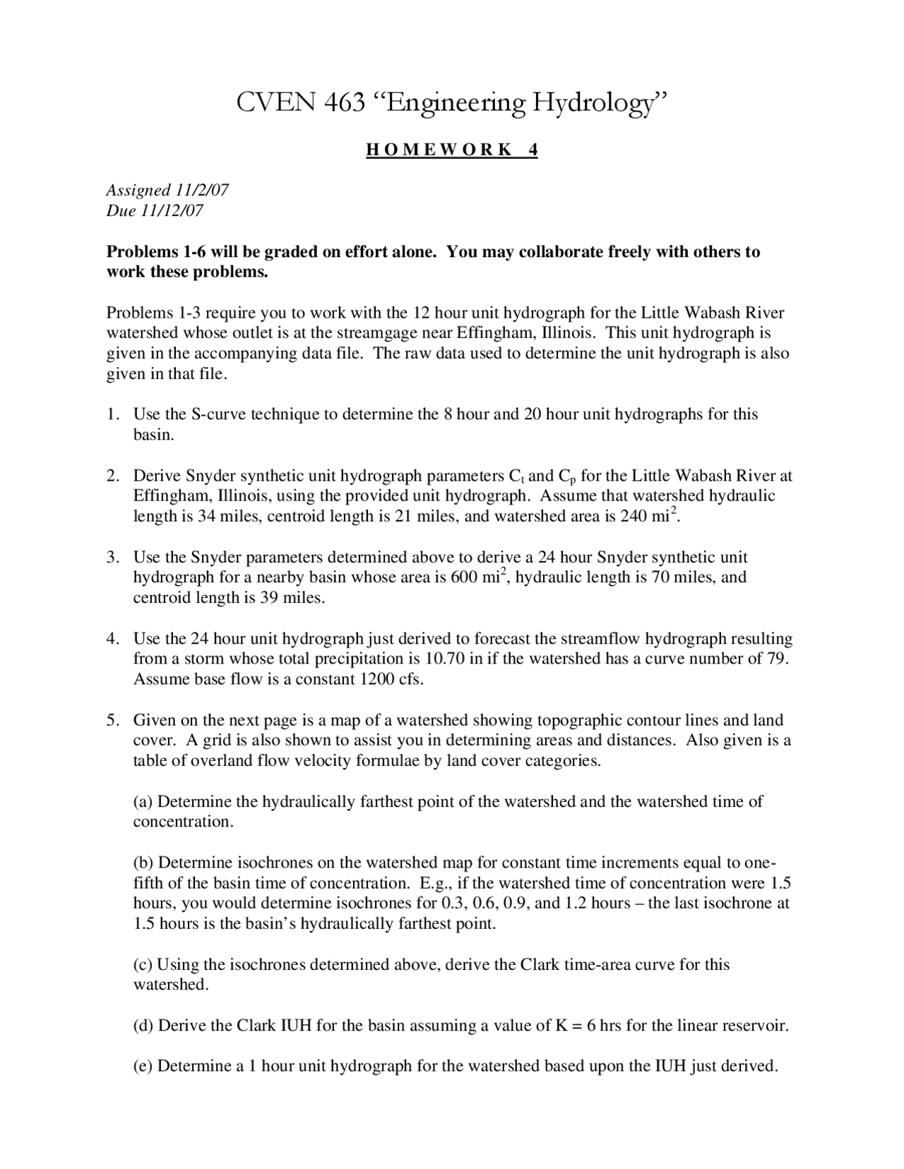 Homework 4 Engineering Hydrology 2007 Cven 463 Docsity