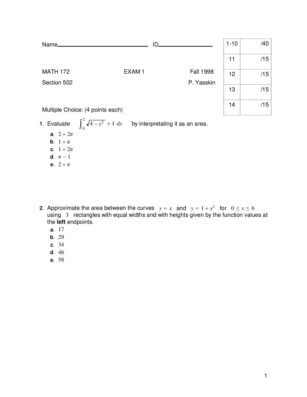14 Multiple Choice Questions Of Calculus Exam 1 Math 172 Docsity