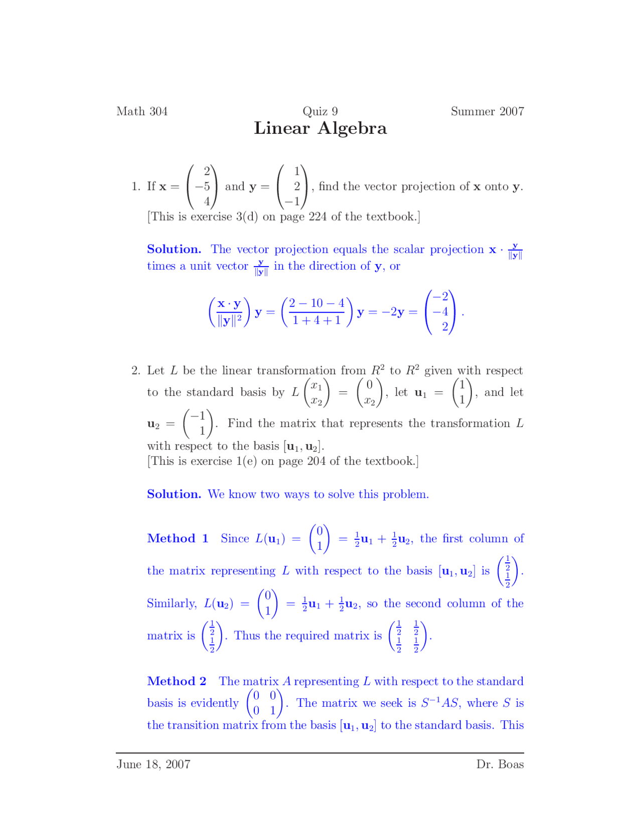 Quiz 9 For Mathematics | Linear Algebra | Summer 2007 | MATH 304 - Docsity
