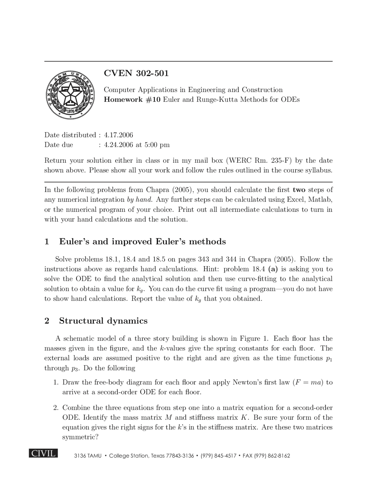 Euler & Runge-Kutta Methods for ODEs & Structural Dynamics - CVEN 302-501 Homework | Assignments ...