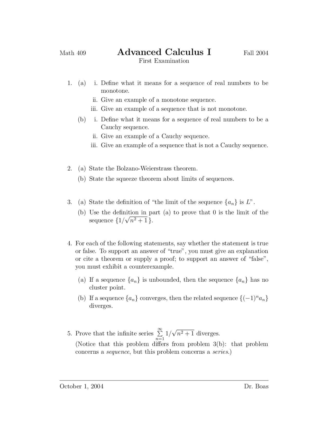 5 Questions Of Advanced Calculus I Examination 1 Math 409 Docsity
