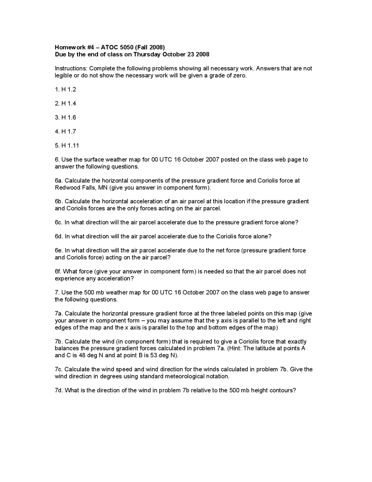 Homework 4 Introduction To Atmospheric Dynamics Atoc 5050 Docsity