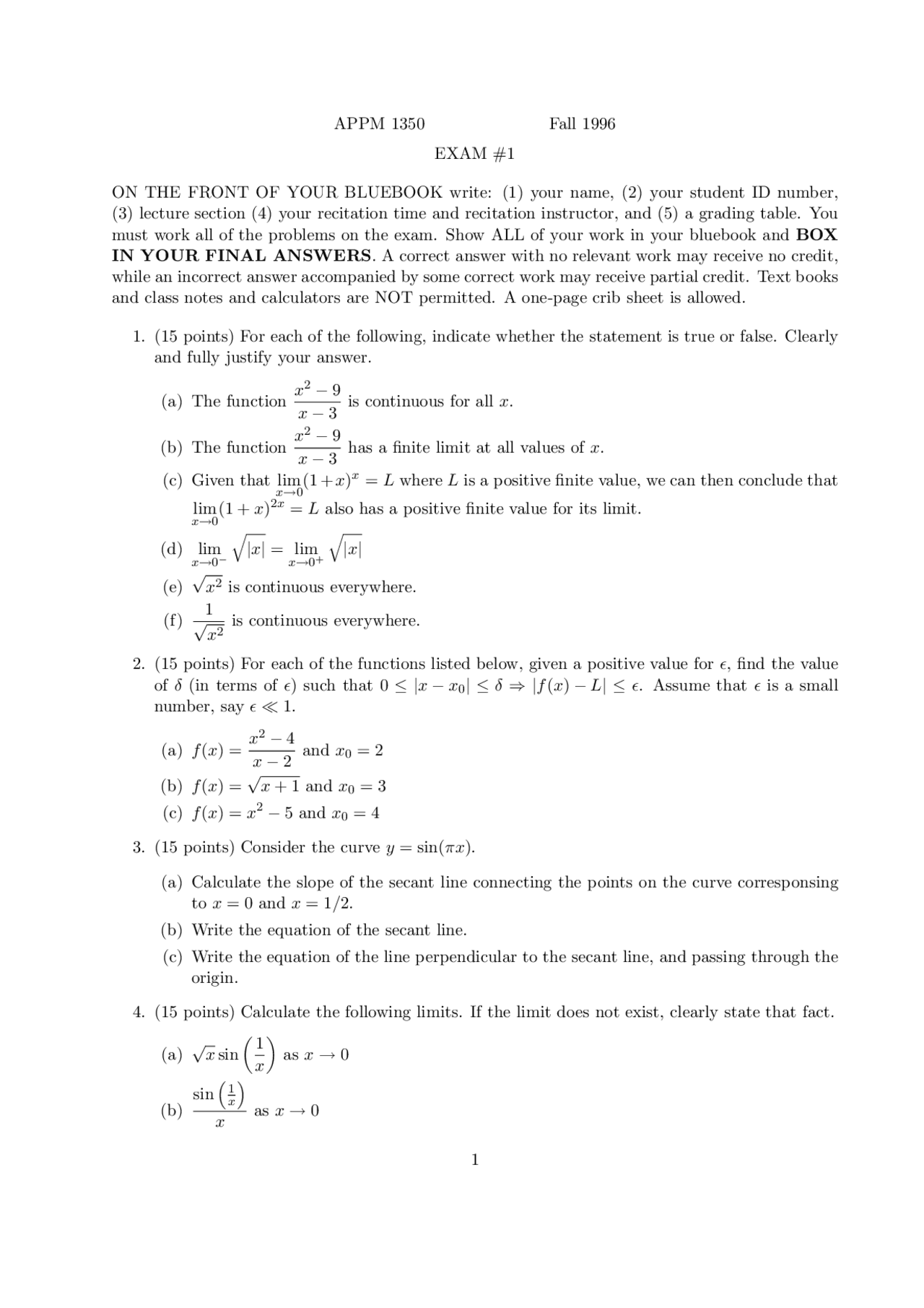 5 Questions In Past Exam 1 Calculus 1 For Engineers Appm 1350 Docsity