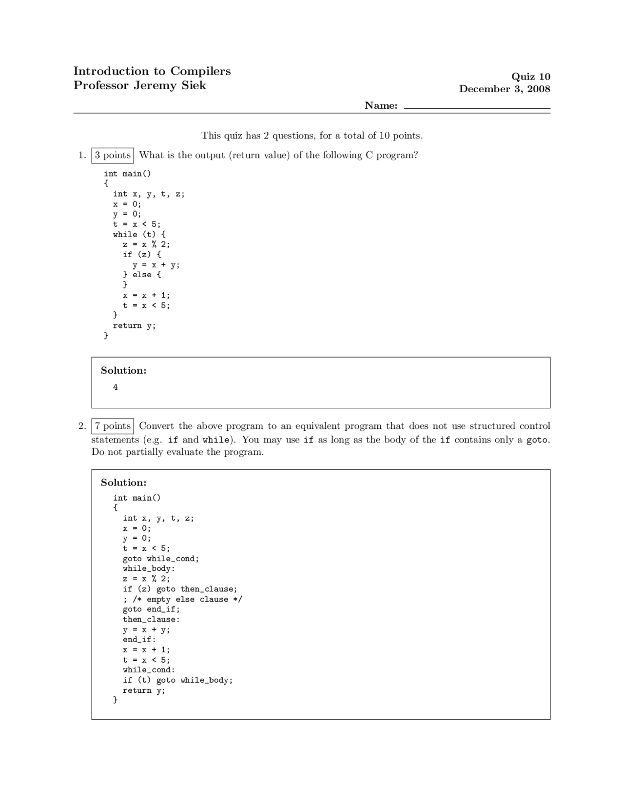 2 Questions With Solutions For Quiz 10 Compiler Construction Ecen