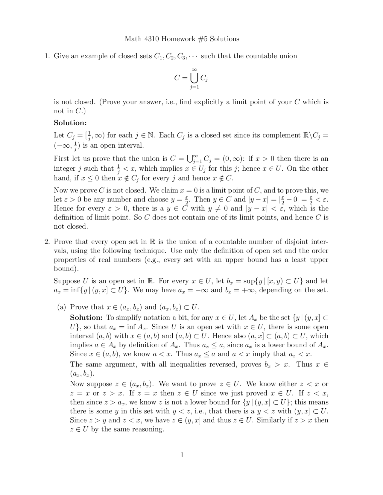 Homework 5 With Solutions Introduction To Analysis Math 4310 Docsity