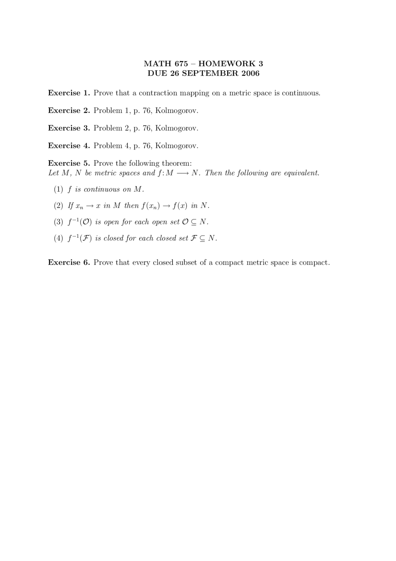 Linear Analysis Assignment 3 Fall 2006 Math 675 Docsity