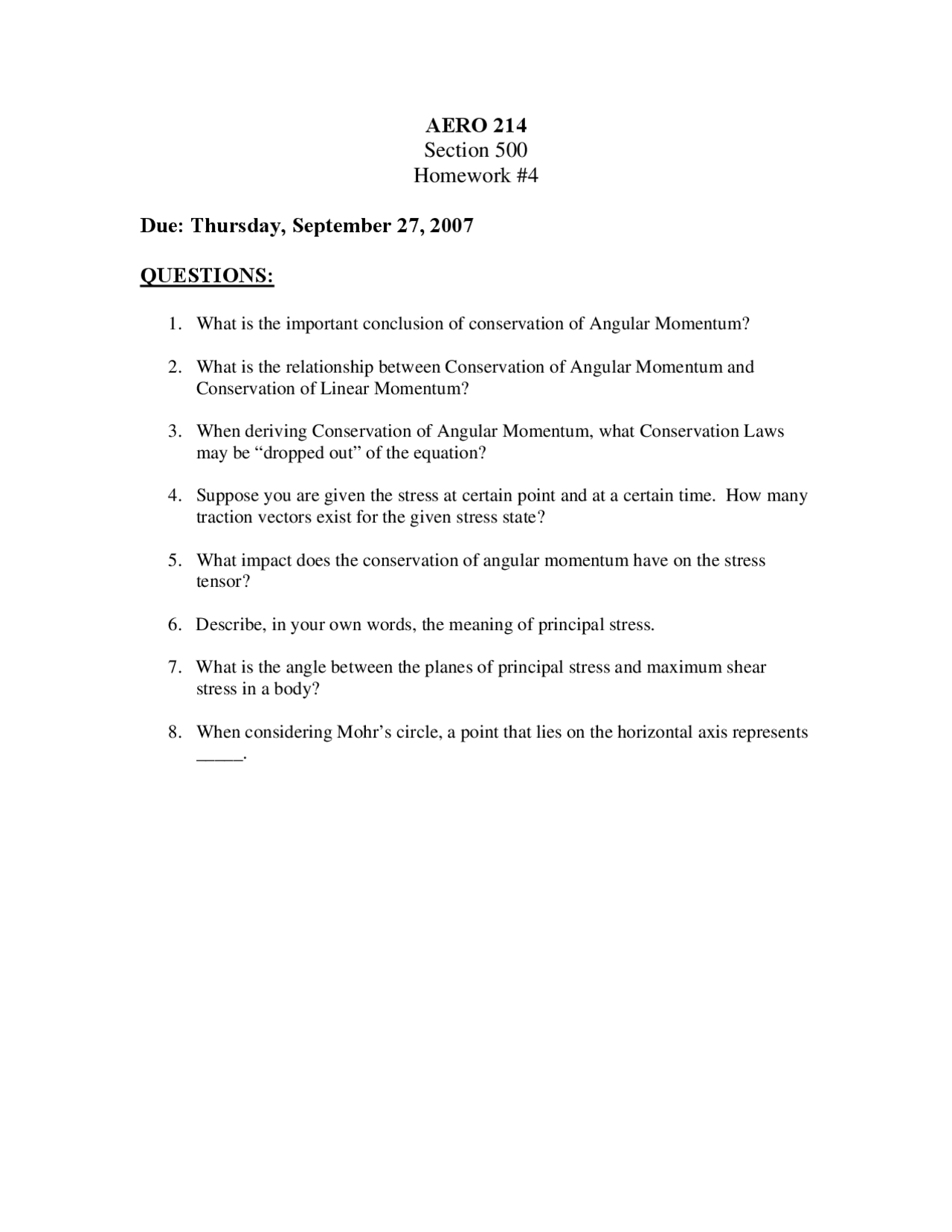 8 Questions on Conservation of Angular Momentum - Homework 4 | AERO 214 - Docsity