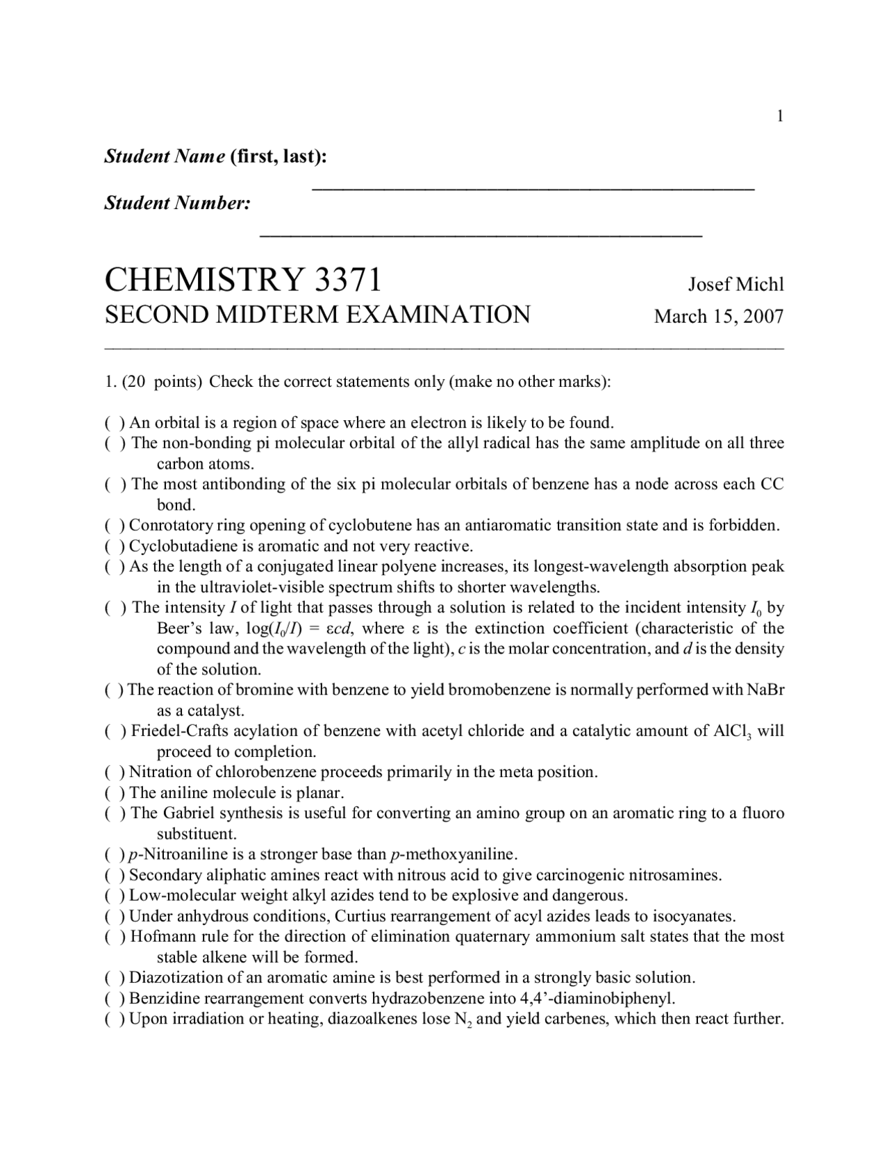 Midterm Exam For Chemistry And Biochemistry Majors Chem 3371 Docsity