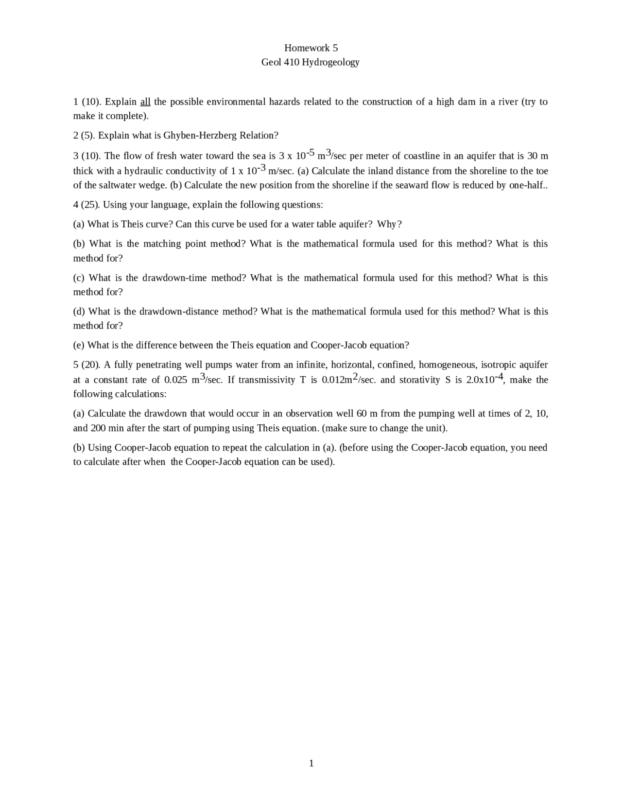 5 Problems On The Hydrogeology Assignment 5 Geol 410 Docsity