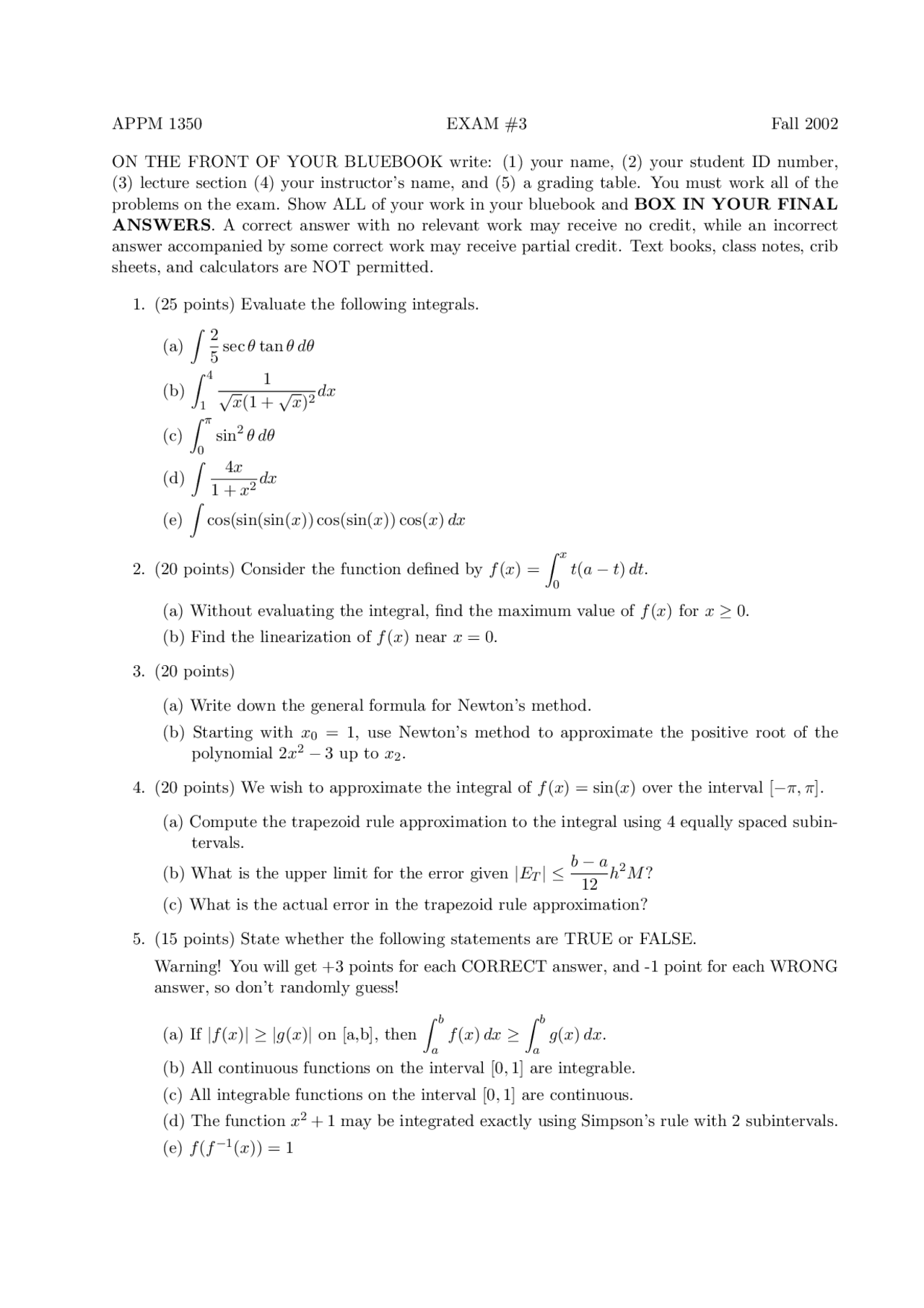 Calculus 1 For Life Science Midterm Exam 3 Questions Appm 1350