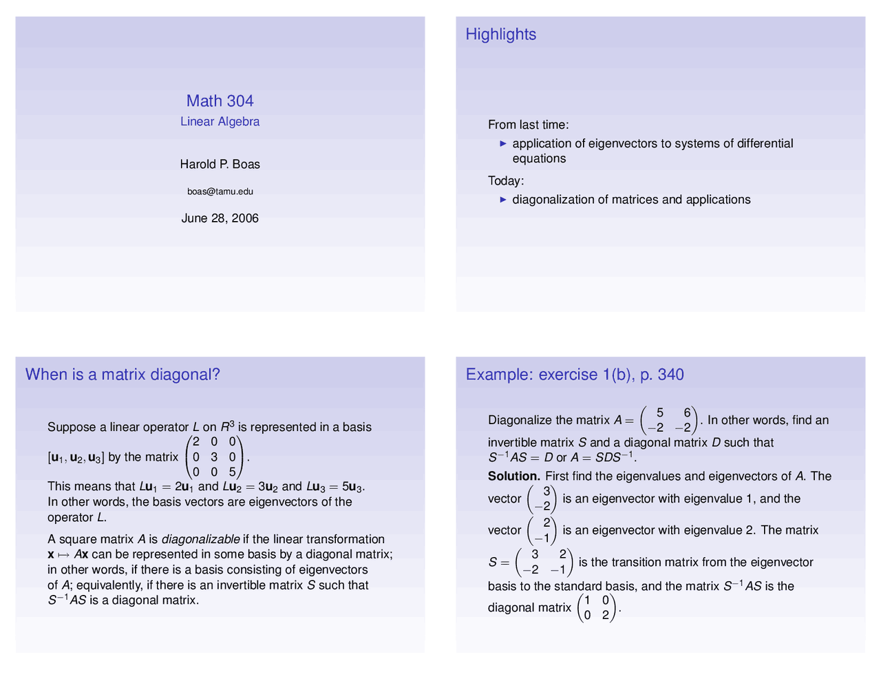 Matrix Diagonal - Linear Algebra - Lecture Notes | MATH 304 - Docsity