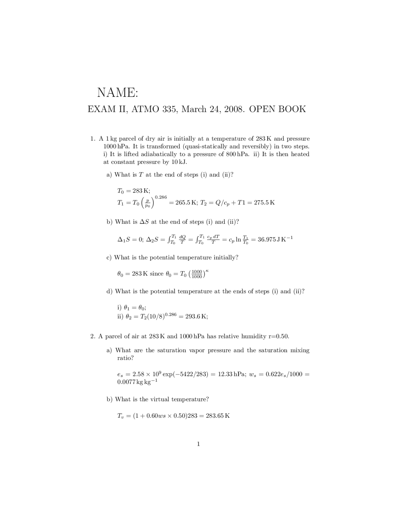 Exam 2 Questions Atmospheric Thermodynamics Atmo 335 Docsity