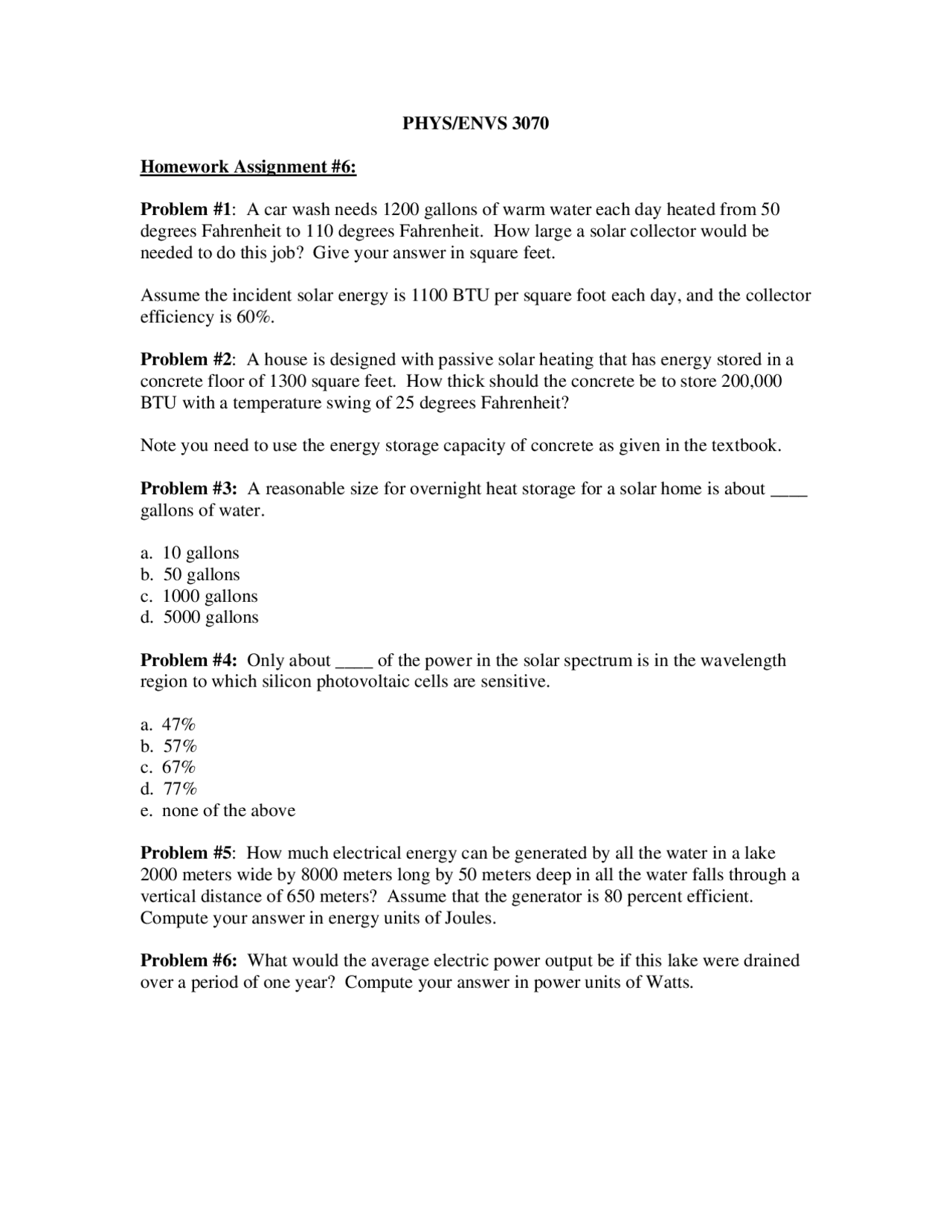 7 Problems On Energy And The Environment Homework 6 Envs 3070 Docsity