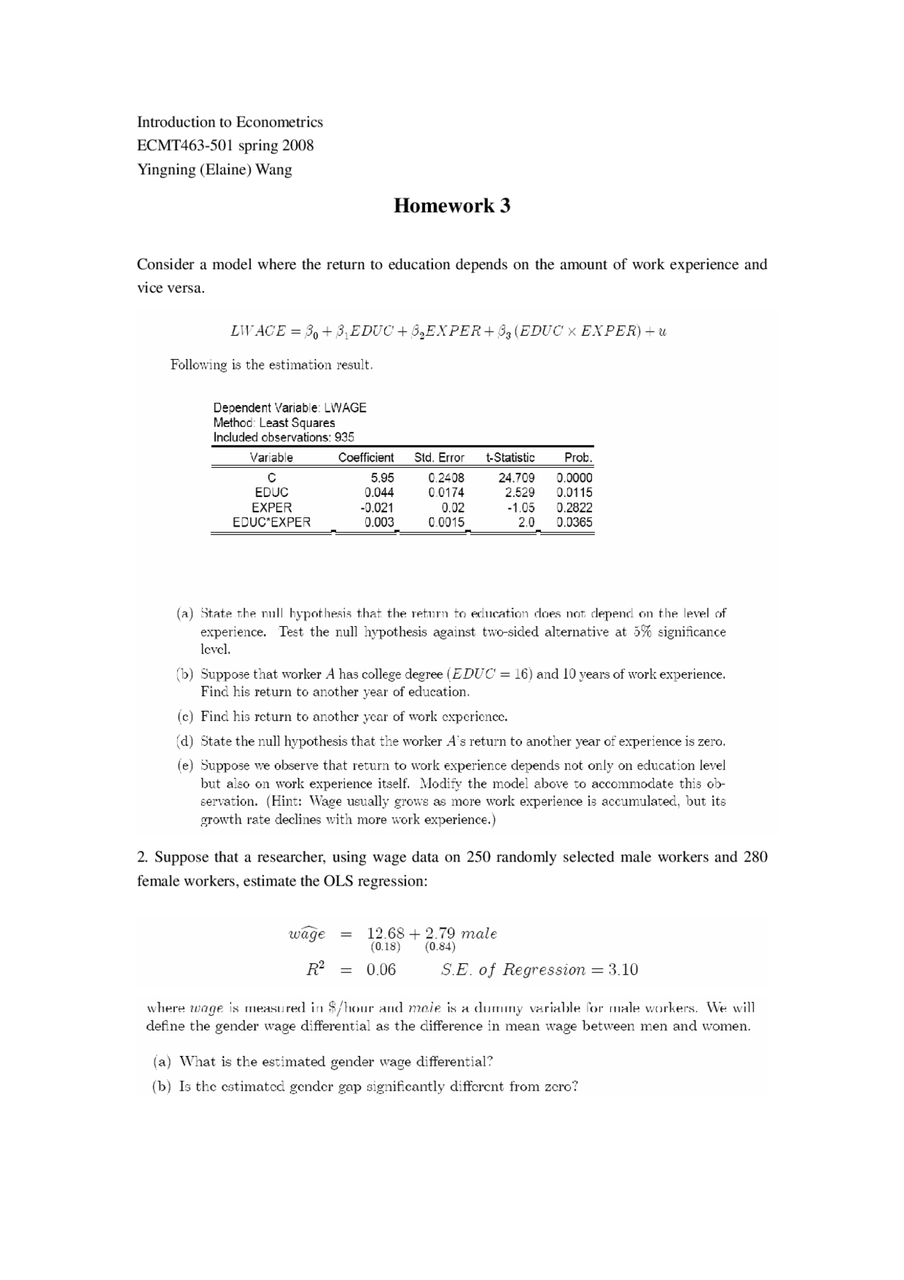 Introduction To Econometrics Assignment 3 Ecmt 463 Docsity