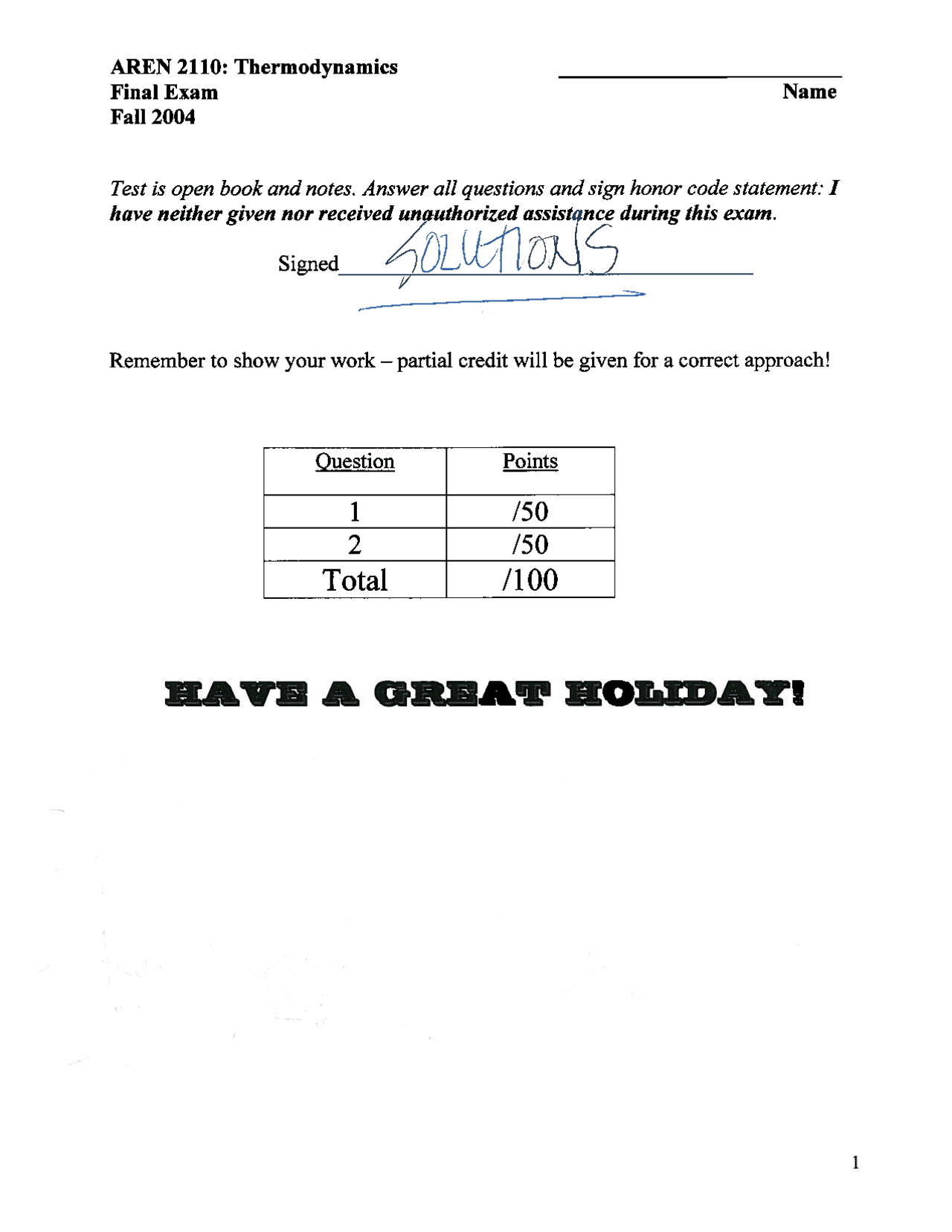Thermodynamics Solutions For Final Exam Aren 2110 Docsity