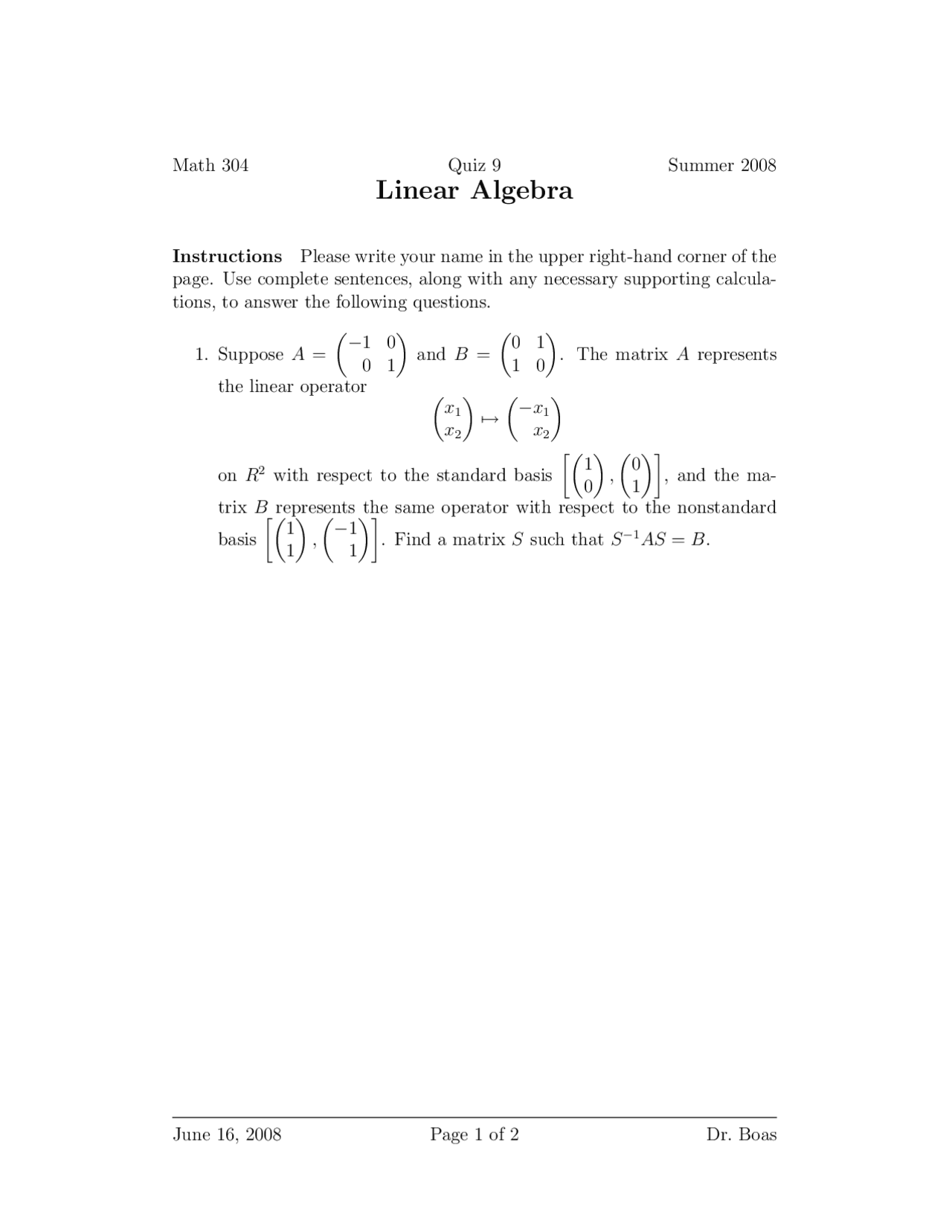 2 Unsolved Problems On Linear Algebra Quiz 9 Math 304 Docsity